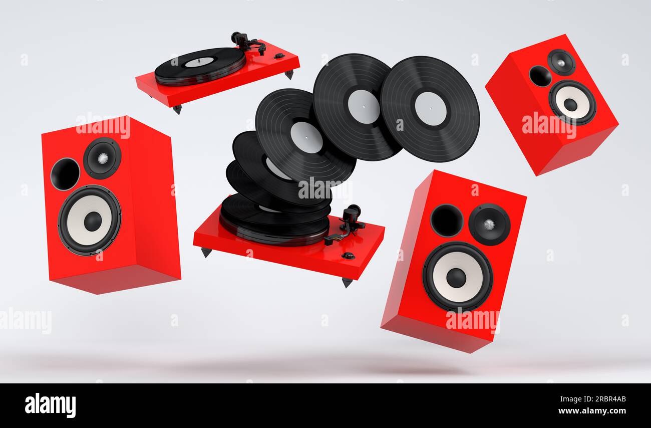 Set of Hi-fi speakers with loudspeakers and DJ turntable on on white ...