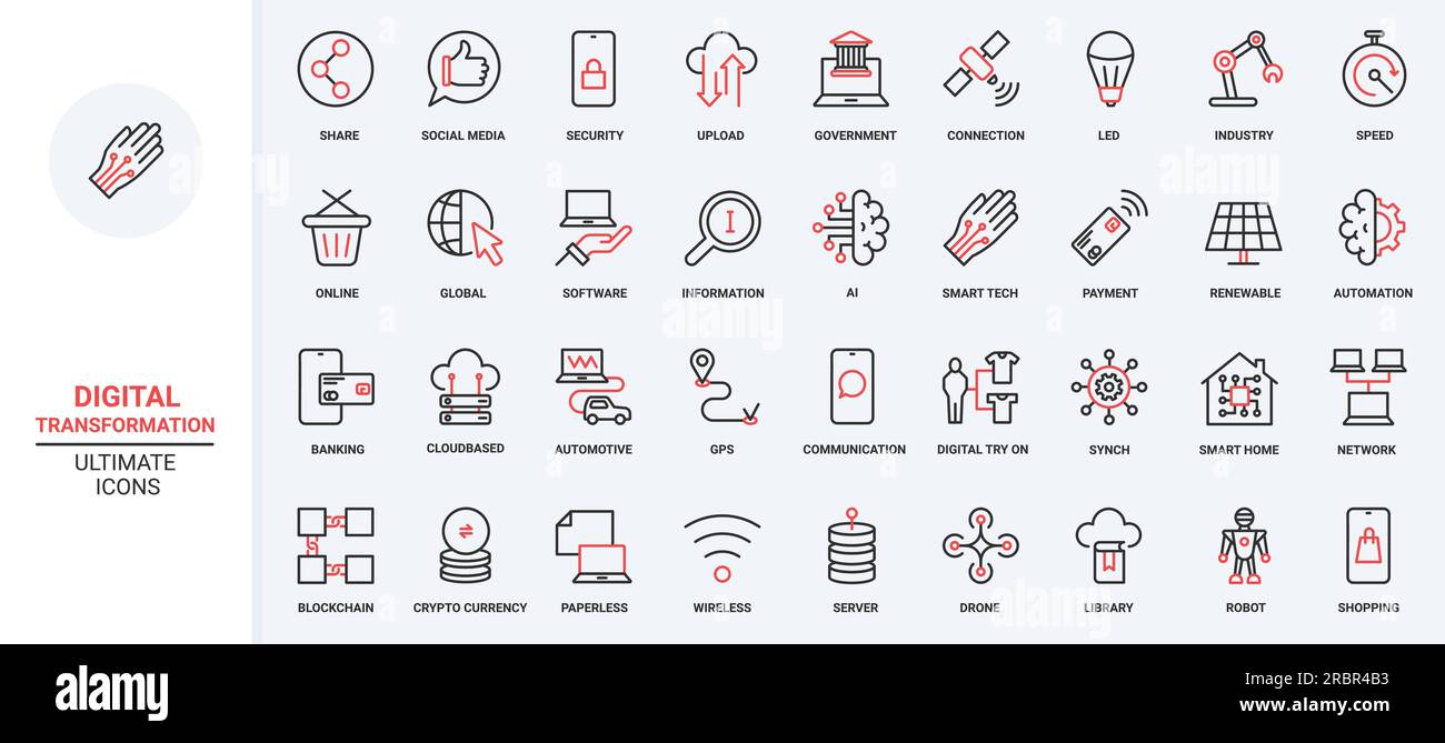 Digital technology, network communication and equipment trendy red black thin line icons set ...