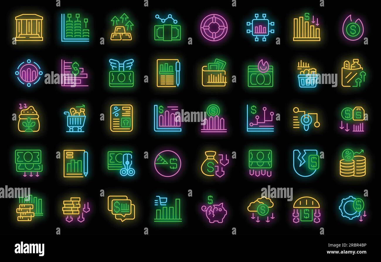 Inflation icons set outline vector. Cost food. Money business neon ...