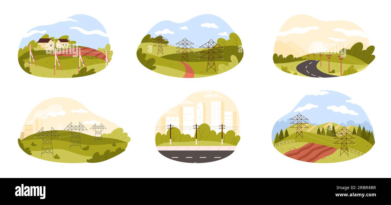 Power lines in different settings like cities, villages, and nature ...