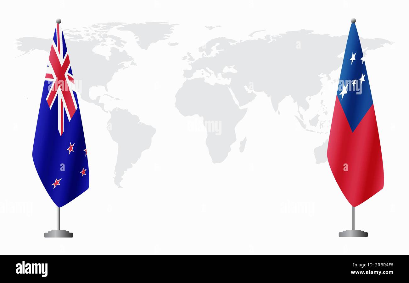 New Zealand and Samoa flags for official meeting against background of ...