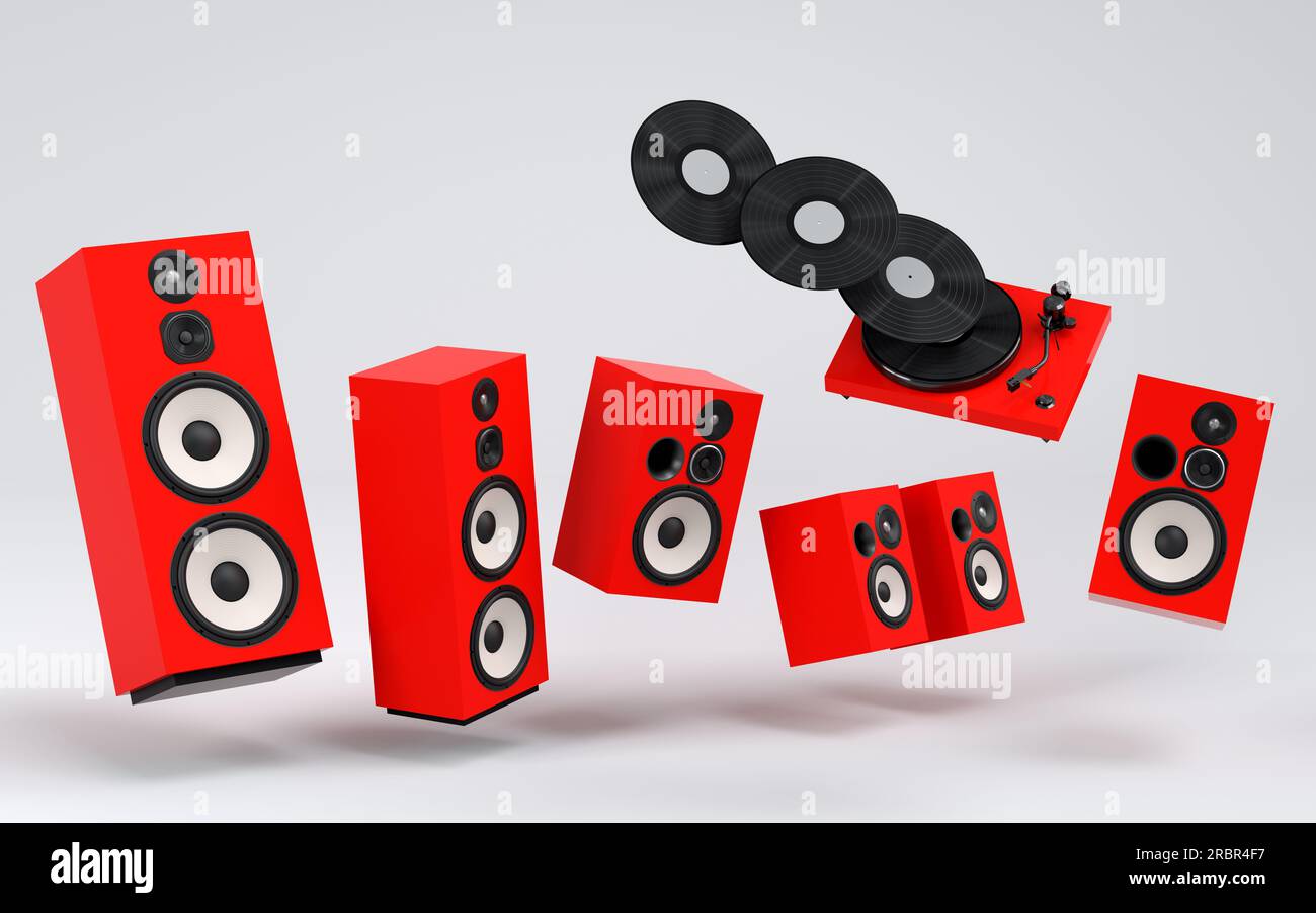 Set of Hi-fi speakers with loudspeakers and DJ turntable on on white ...