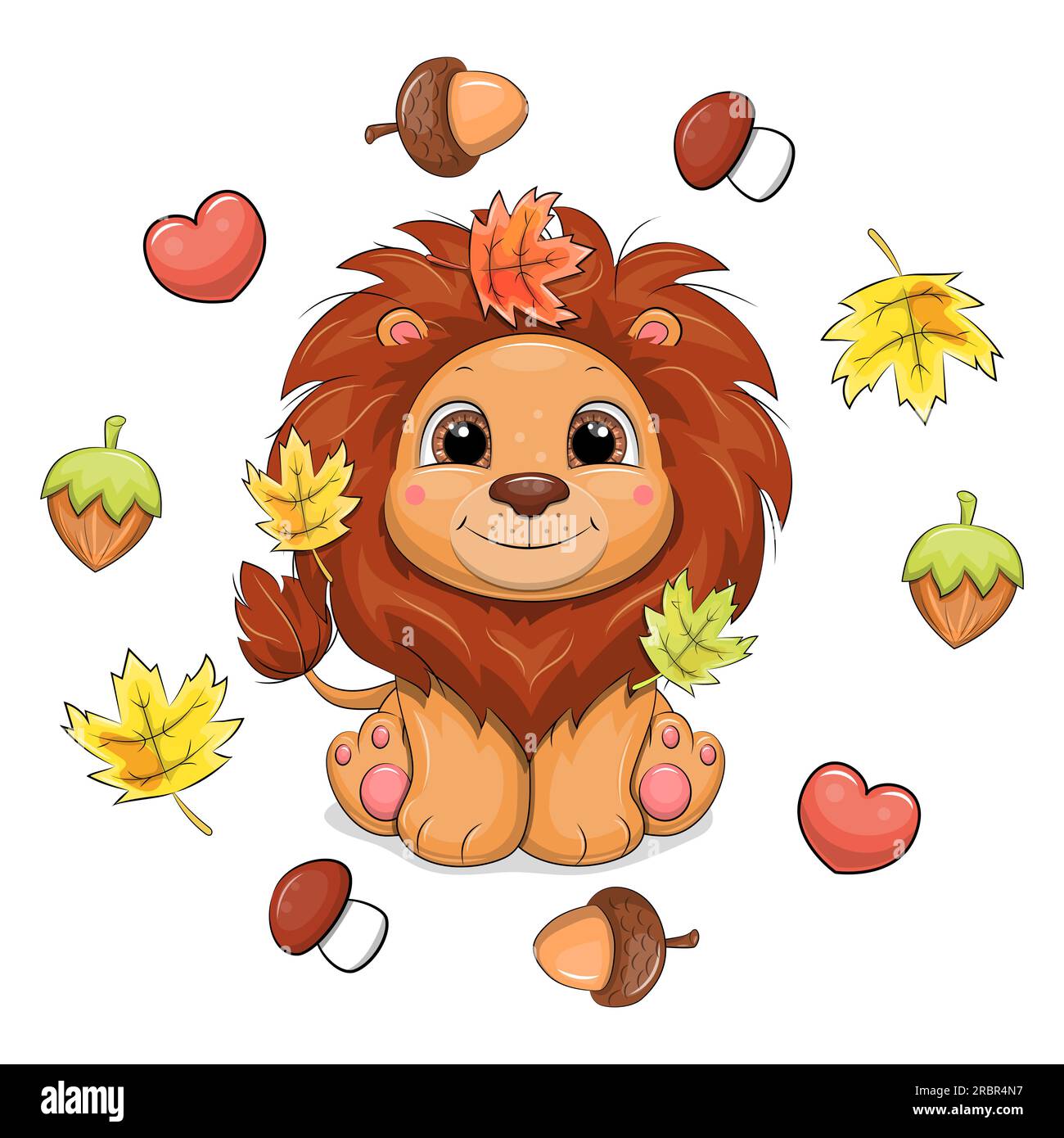 Cute cartoon lion with fallen leaves in an autumn frame. Vector ...