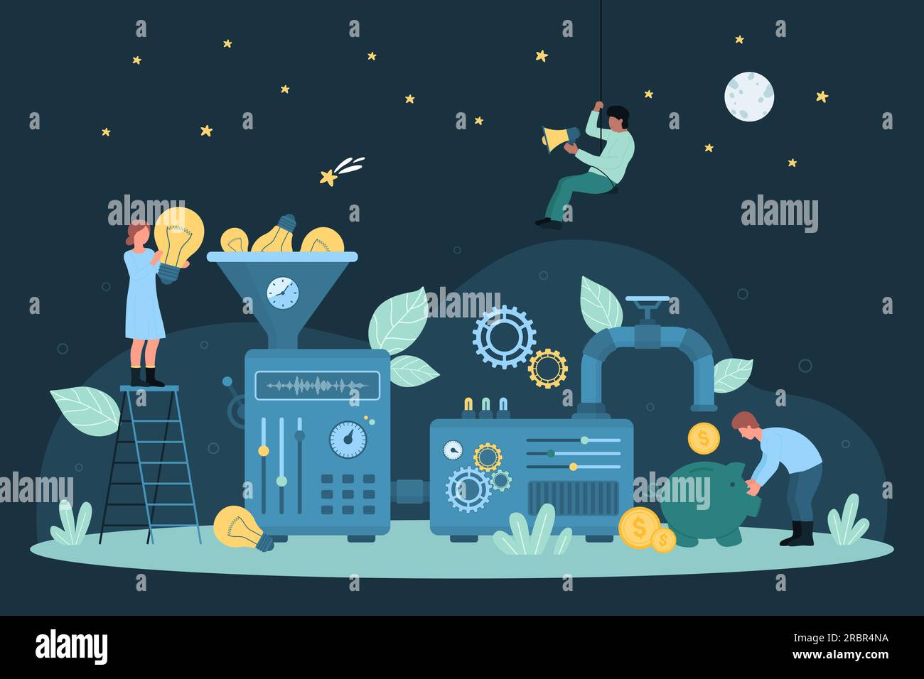 Cartoon tiny people monetize idea by throwing light bulbs into funnel ...