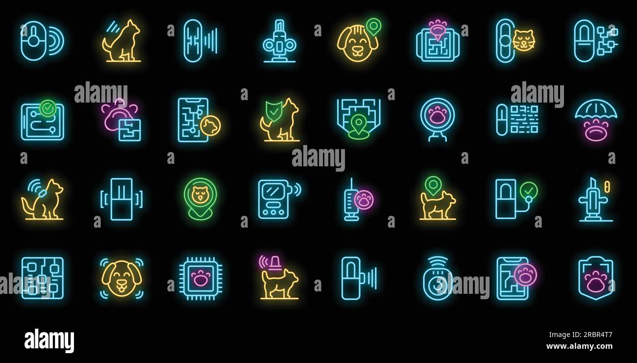 Microchip for pet icons set outline vector. Digital future. Reader teg neon color on black Stock ...