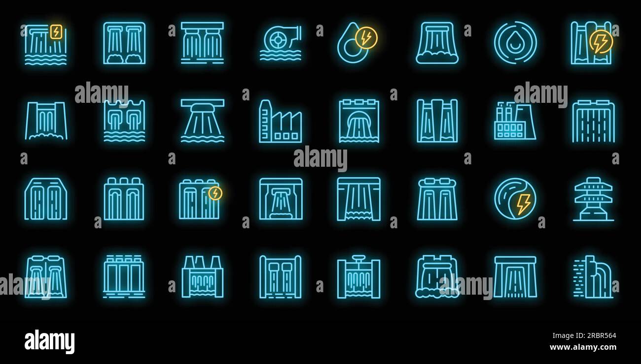 Hydro power station dam icons set outline vector. Water plant. Electric ...