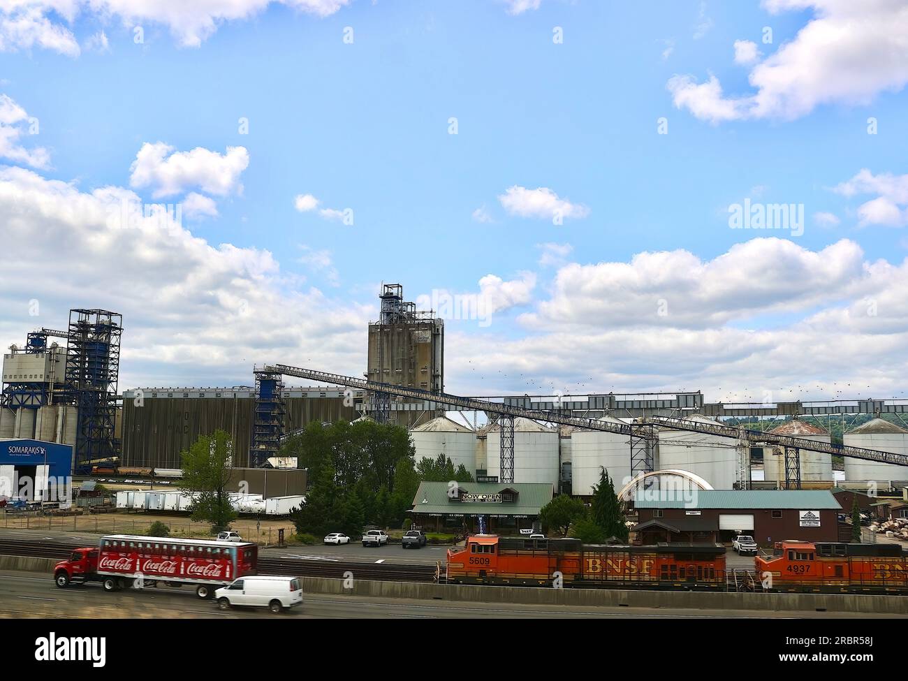 Industrial landscape with CHS Inc grain elevators and silos facility ...