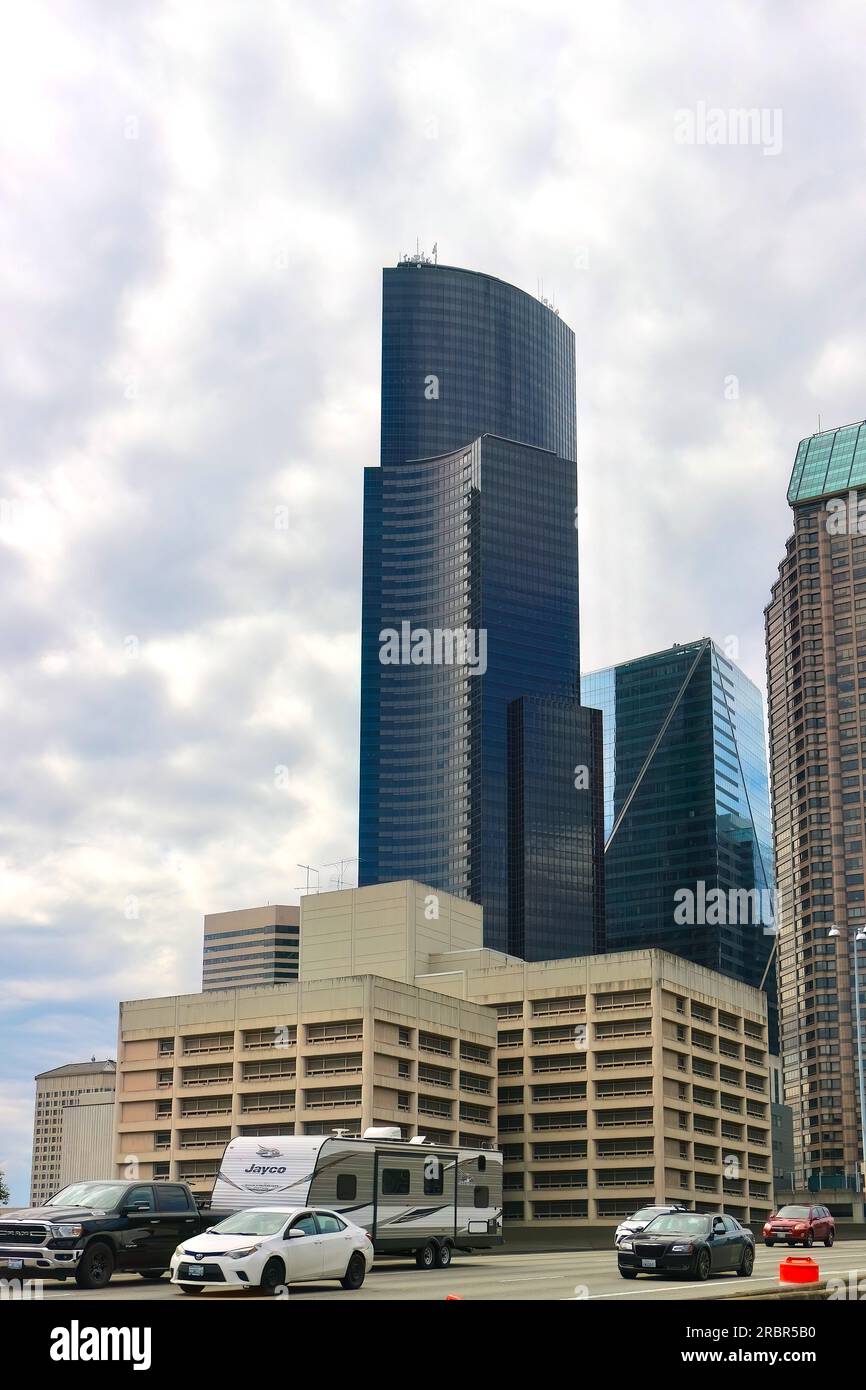 View of the city skyline from inside a car driving north on Interstate ...