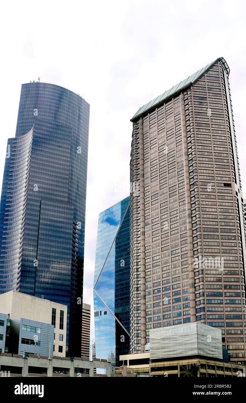 View of the city skyline from inside a car driving north on Interstate ...