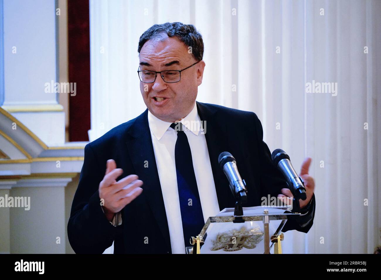 Governor of the Bank of England Andrew Bailey speaking at the City of ...