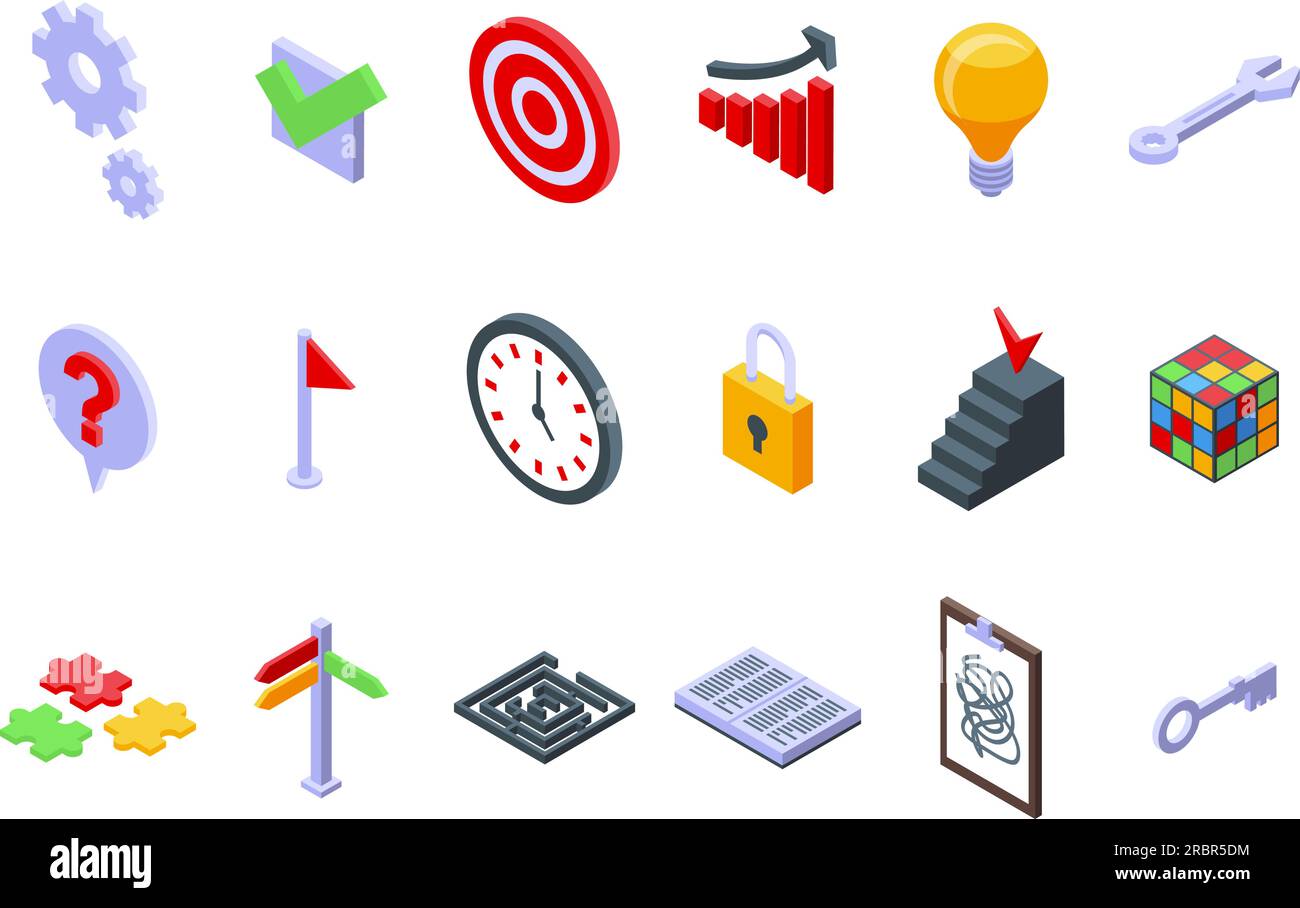 Problem-solving icons set isometric vector. Solution work. People ...