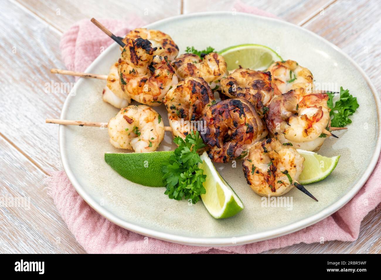 Grilled shrimp skewers. Seafood, shelfish. Shrimps Prawns skewers with ...