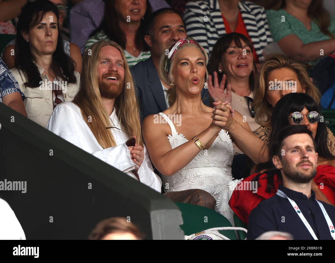 Wimbledon, UK. 08th July, 2023. Singer Sam Ryder watches the tennis ...