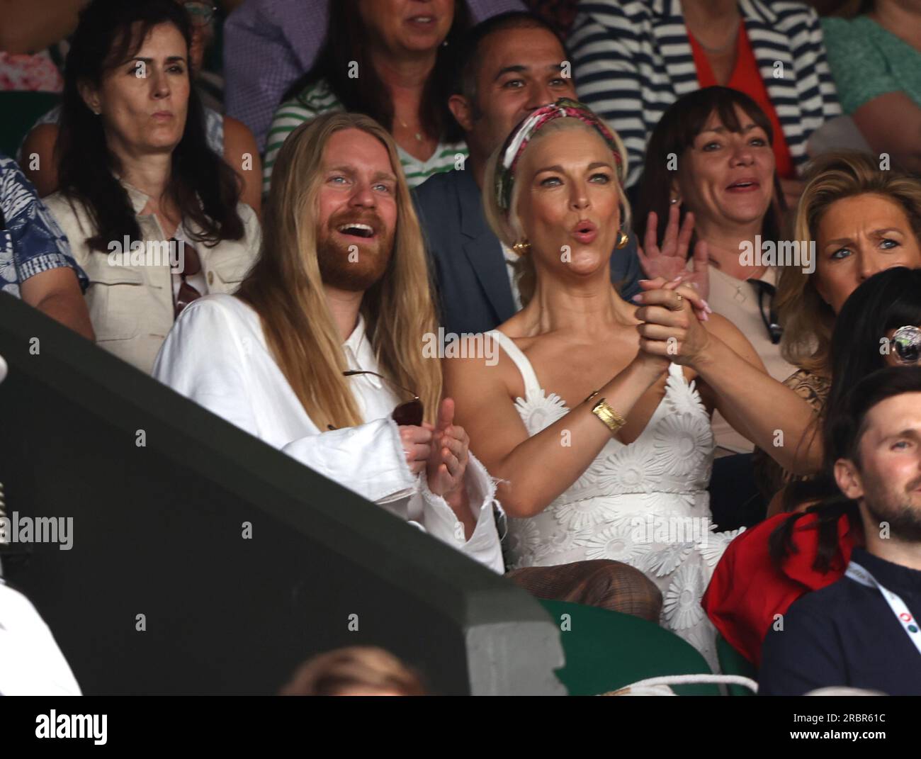 Wimbledon, UK. 08th July, 2023. Singer Sam Ryder watches the tennis ...