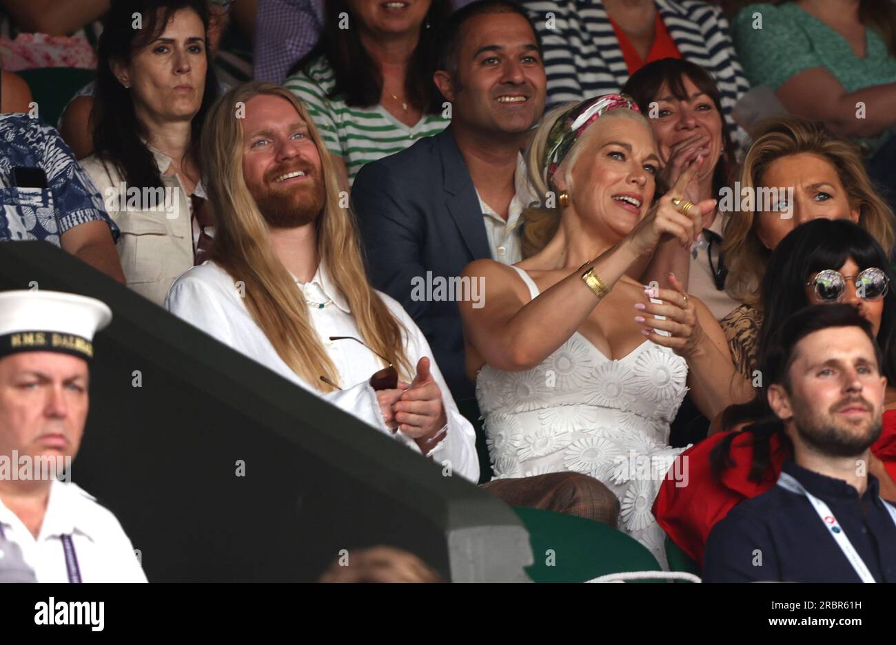 Wimbledon, UK. 08th July, 2023. Singer Sam Ryder watches the tennis ...