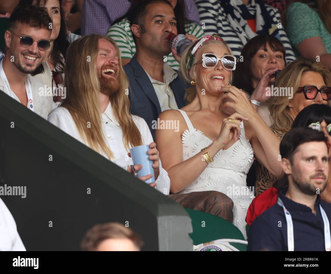 Wimbledon, UK. 08th July, 2023. Singer Sam Ryder watches the tennis ...