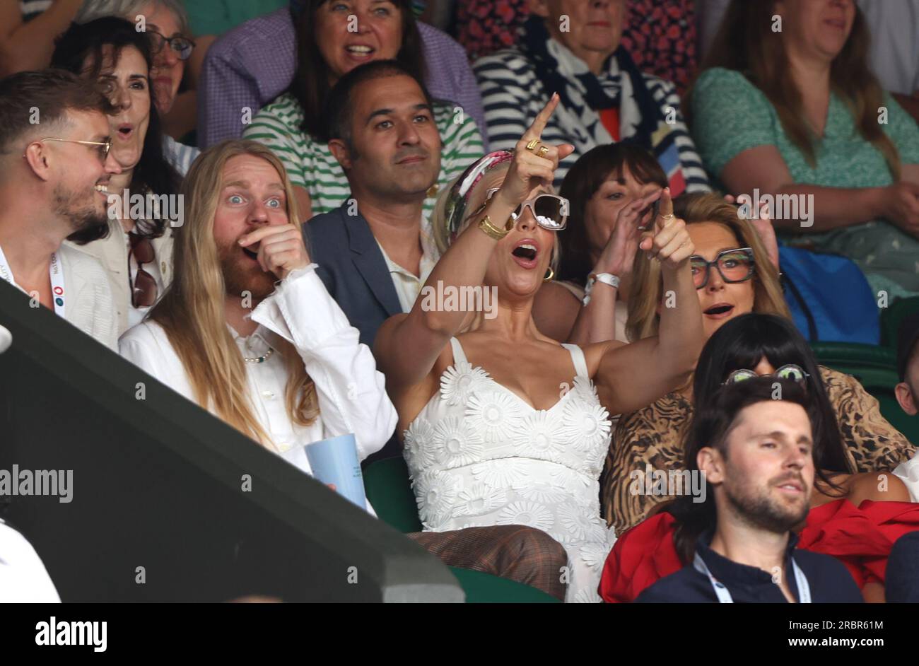 Wimbledon, UK. 08th July, 2023. Singer Sam Ryder watches the tennis ...