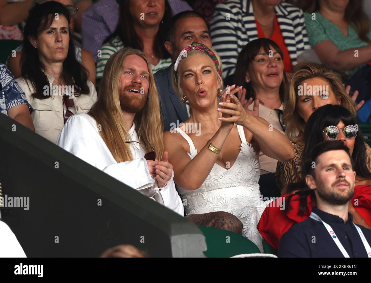 Wimbledon, UK. 08th July, 2023. Singer Sam Ryder watches the tennis ...