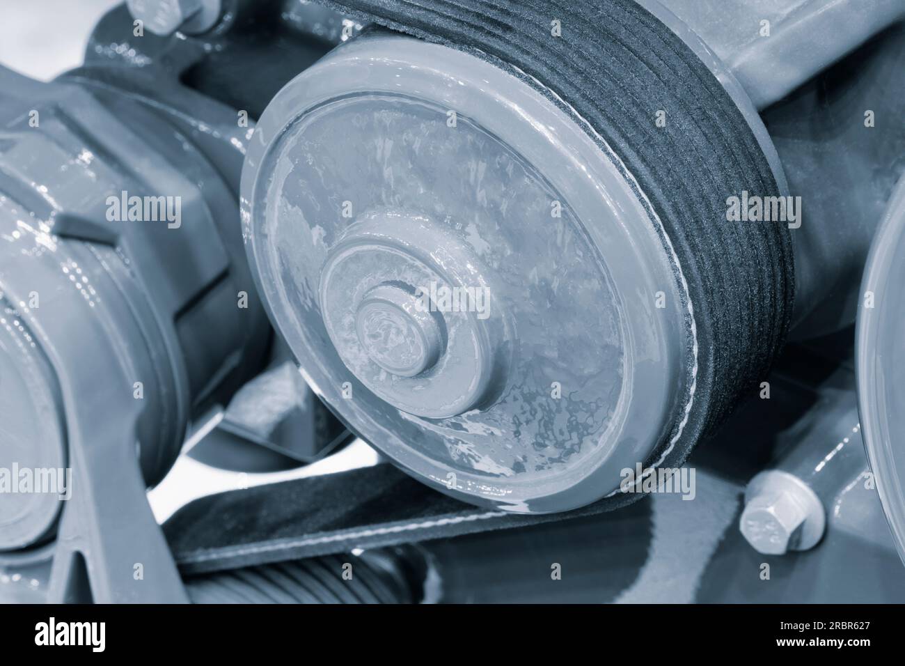 Belt drive of Diesel engine electric generator. Close up car timing ...