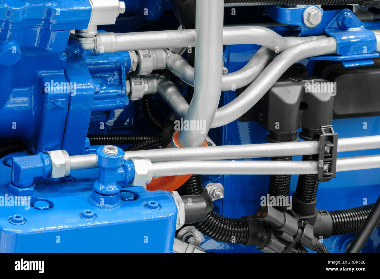 Blue diesel engine. Fragment of a diesel motor close-up. Selective on ...