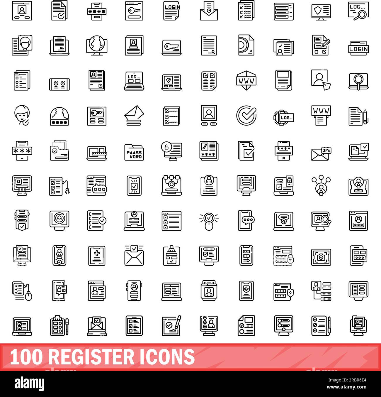 100 register icons set. Outline illustration of 100 register icons ...