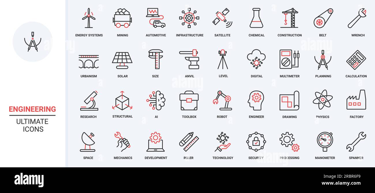 Engineering Industry And Energy Production Trendy Red Black Thin Line Icons Set Vector