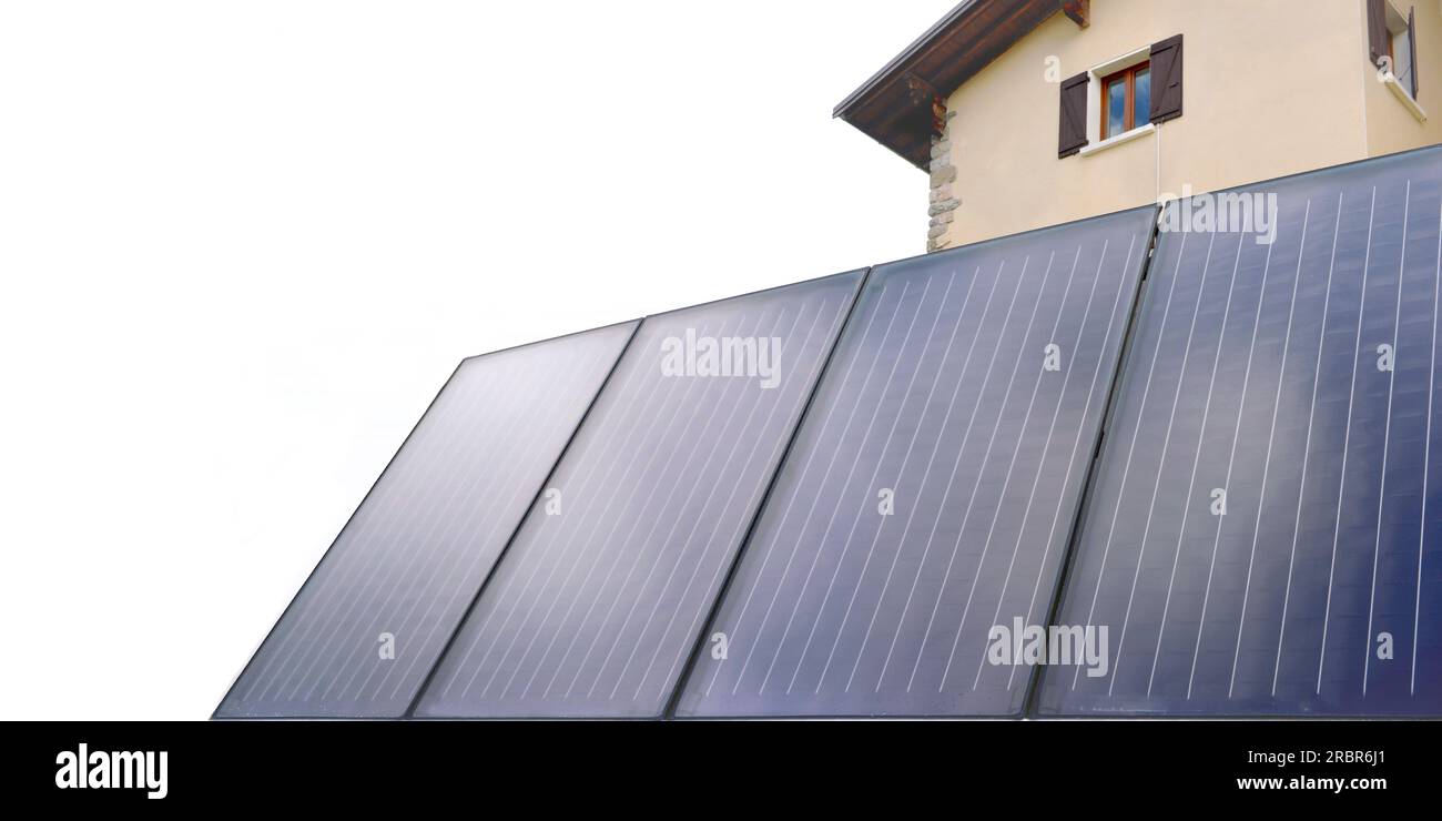 Solar panels wall in front of a house on white background - Renewable ...