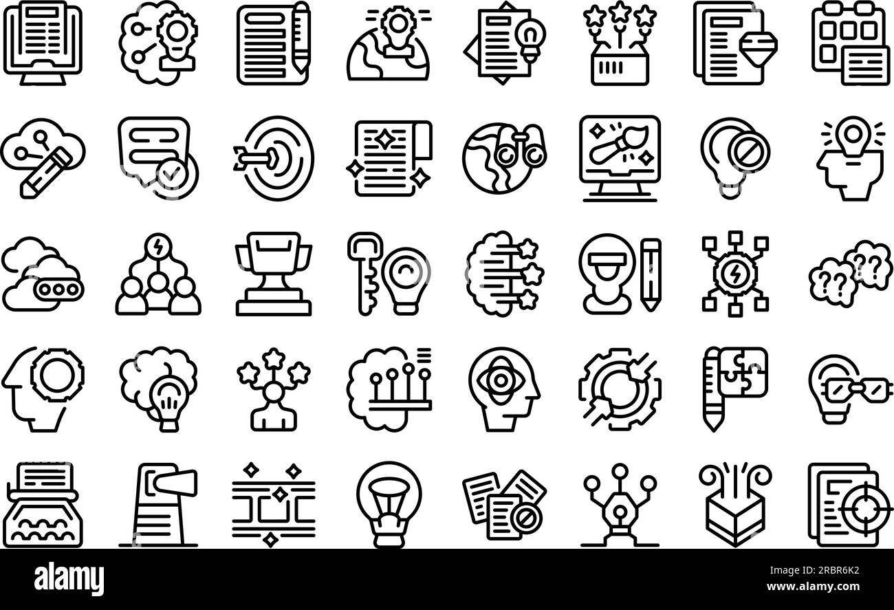 Creative thinking icons set outline vector. Idea solution. Bulb ...