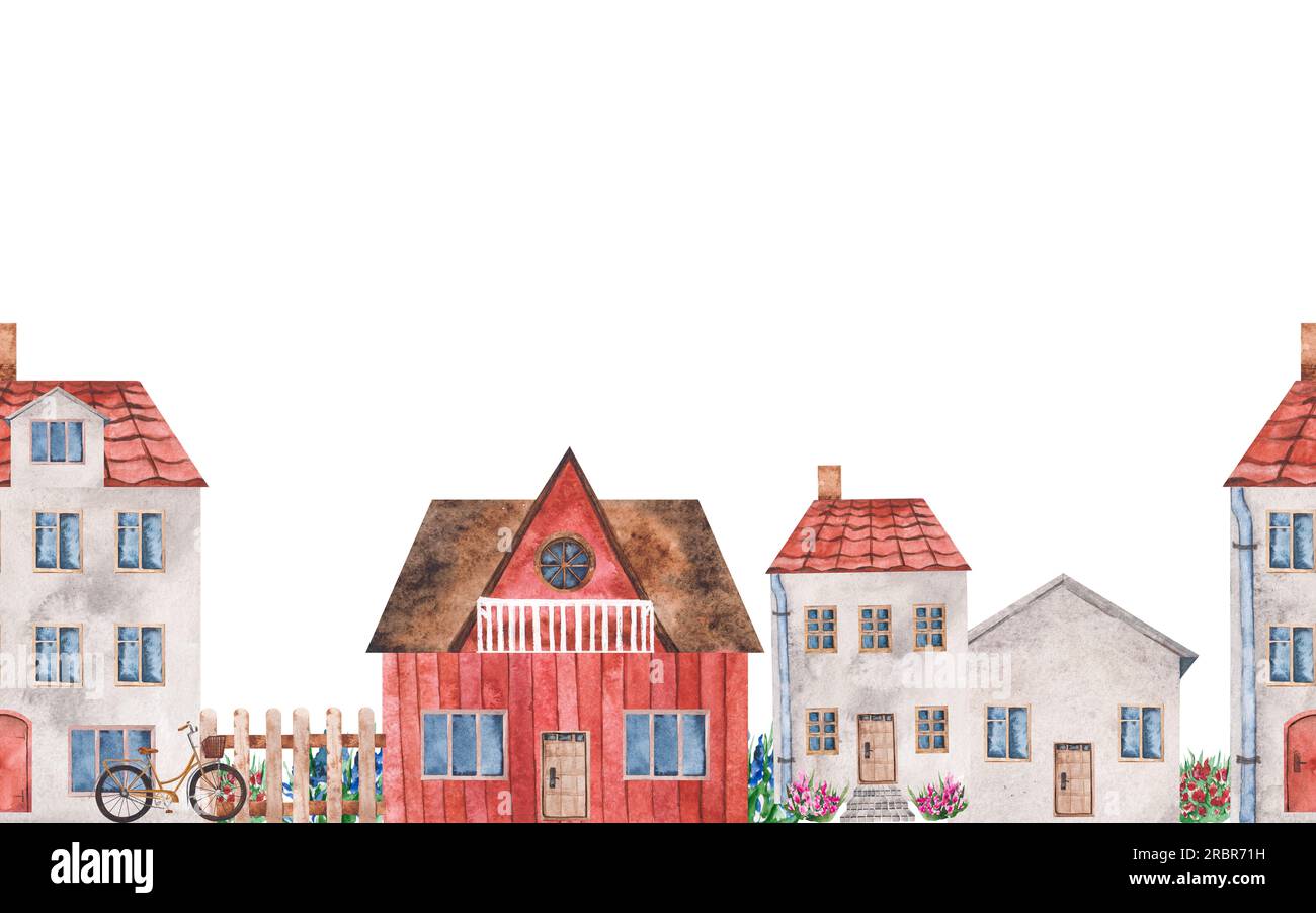 Watercolor seamless border with cute houses on a white background ...