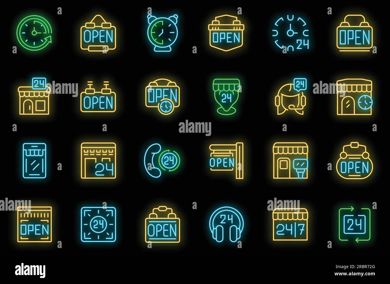Shop opening hours icons set outline vector. Store time. Sign open neon ...