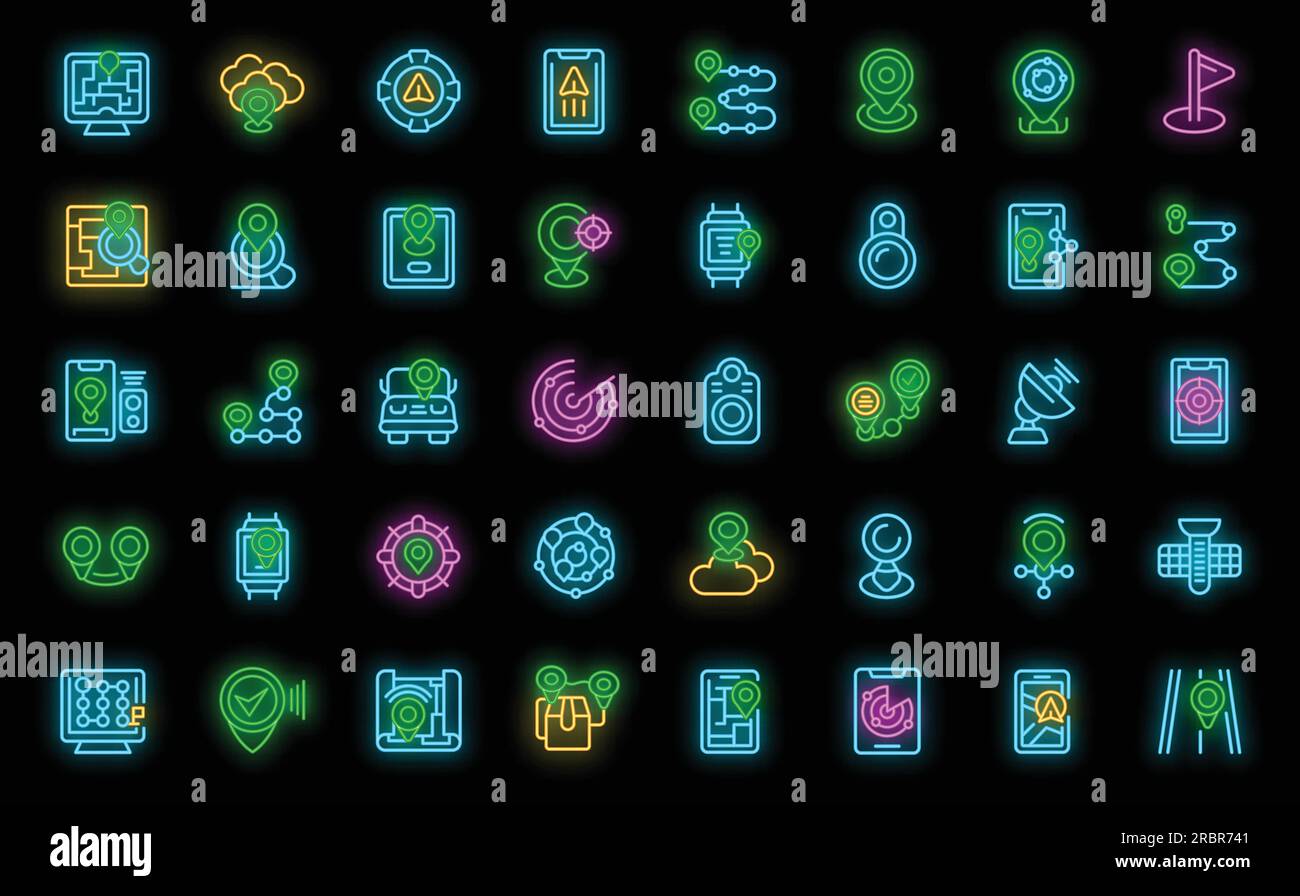 GPS tracker icons set outline vector. Car geolocation. Navigation city neon color on black Stock ...