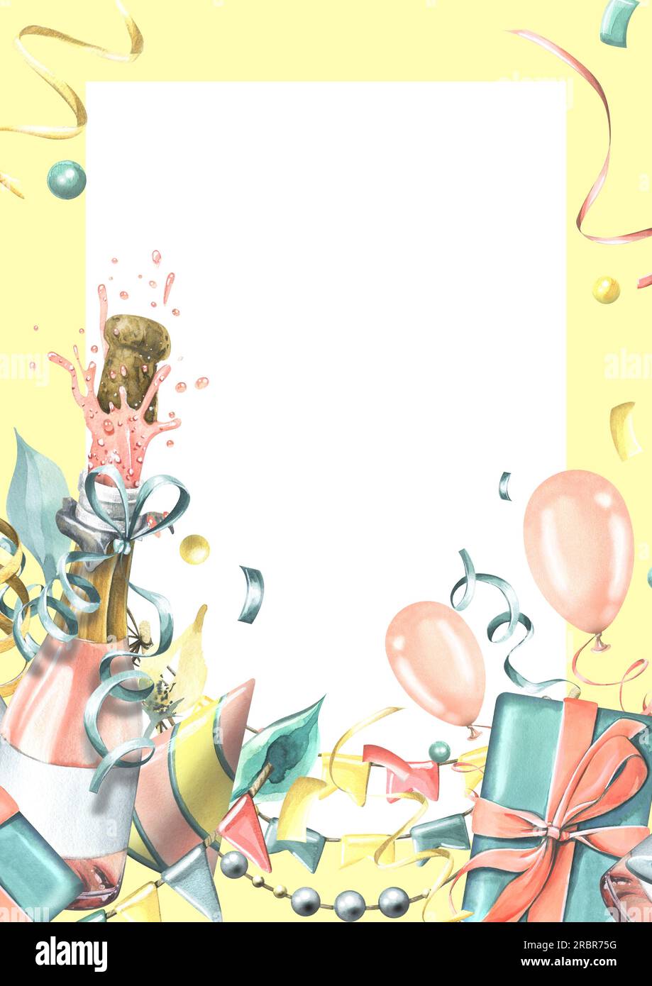 Vertical birthday card with pink champagne, balloons, gifts, confetti ...