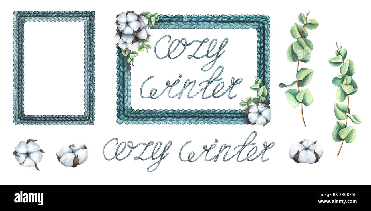 Knitted rectangular frame decorated with eucalyptus branches, cotton ...