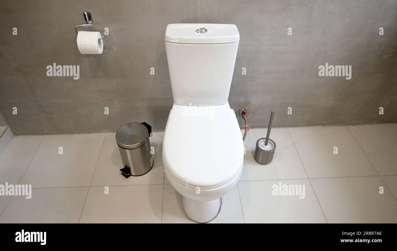 Toilet bowl in the toilet. Shower cubicle and white toilet with cistern ...