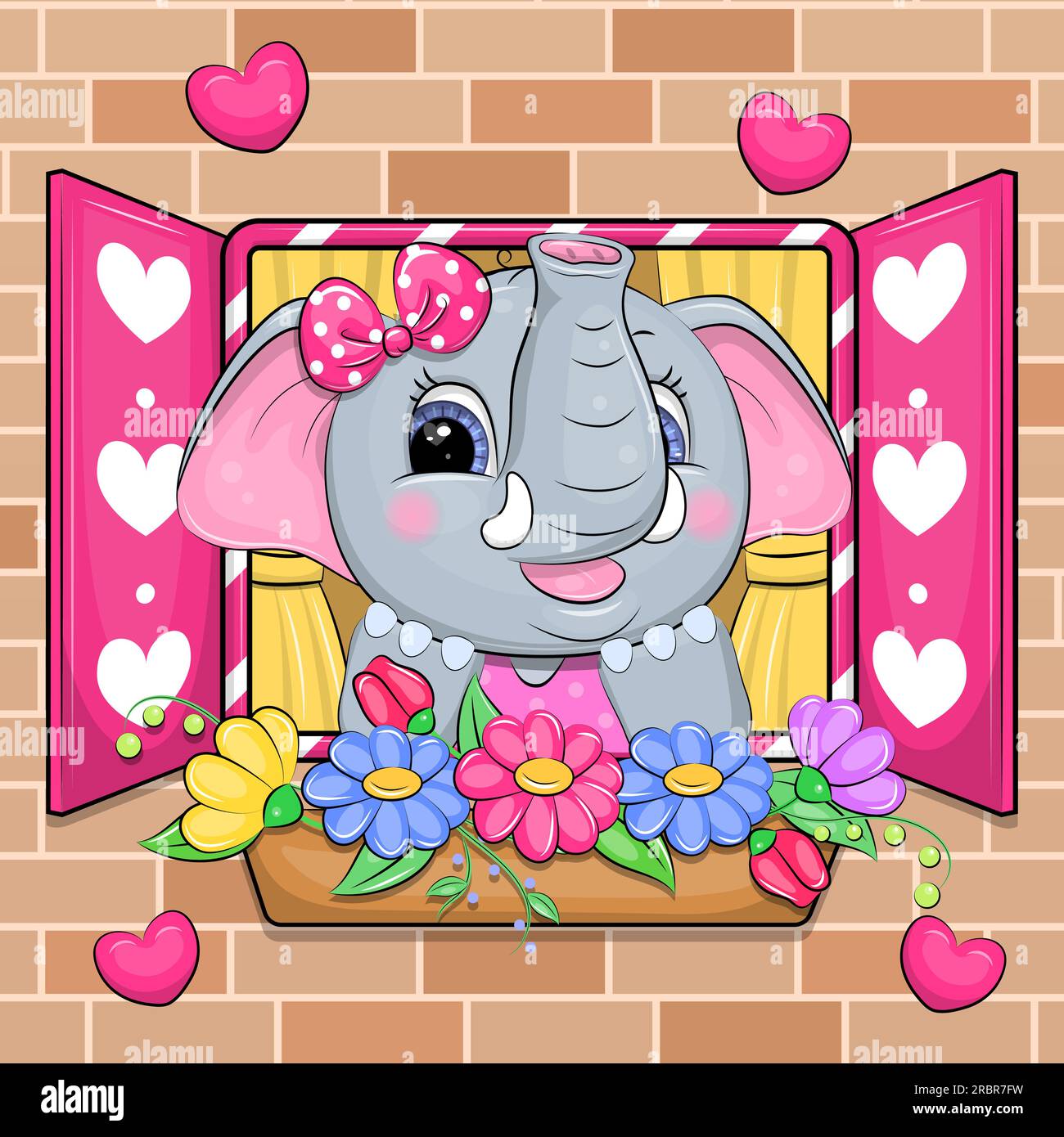 A cute cartoon gray elephant looks out the window. Vector illustration ...