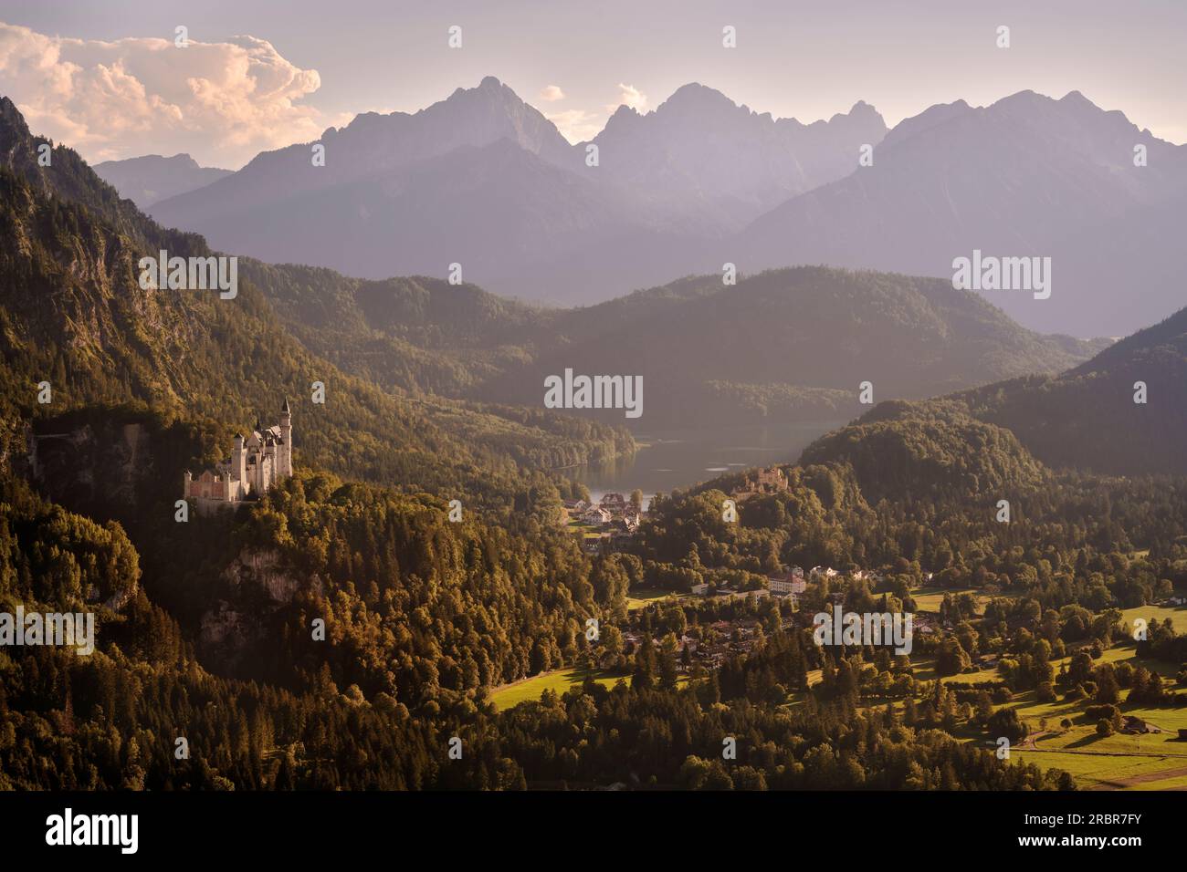 View from Hornburg to Neuschwanstein Castle with Alpsee, Hohenschwangau ...