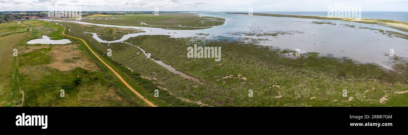 aerial panorama of Blakeney, Norfolk, United Kingdom, with marsh and ...