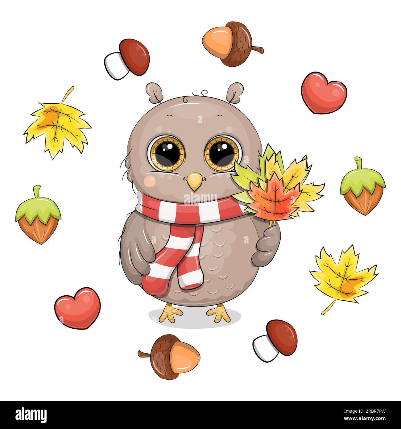 Cute cartoon owl with red scarf and fallen leaves in an autumn frame ...