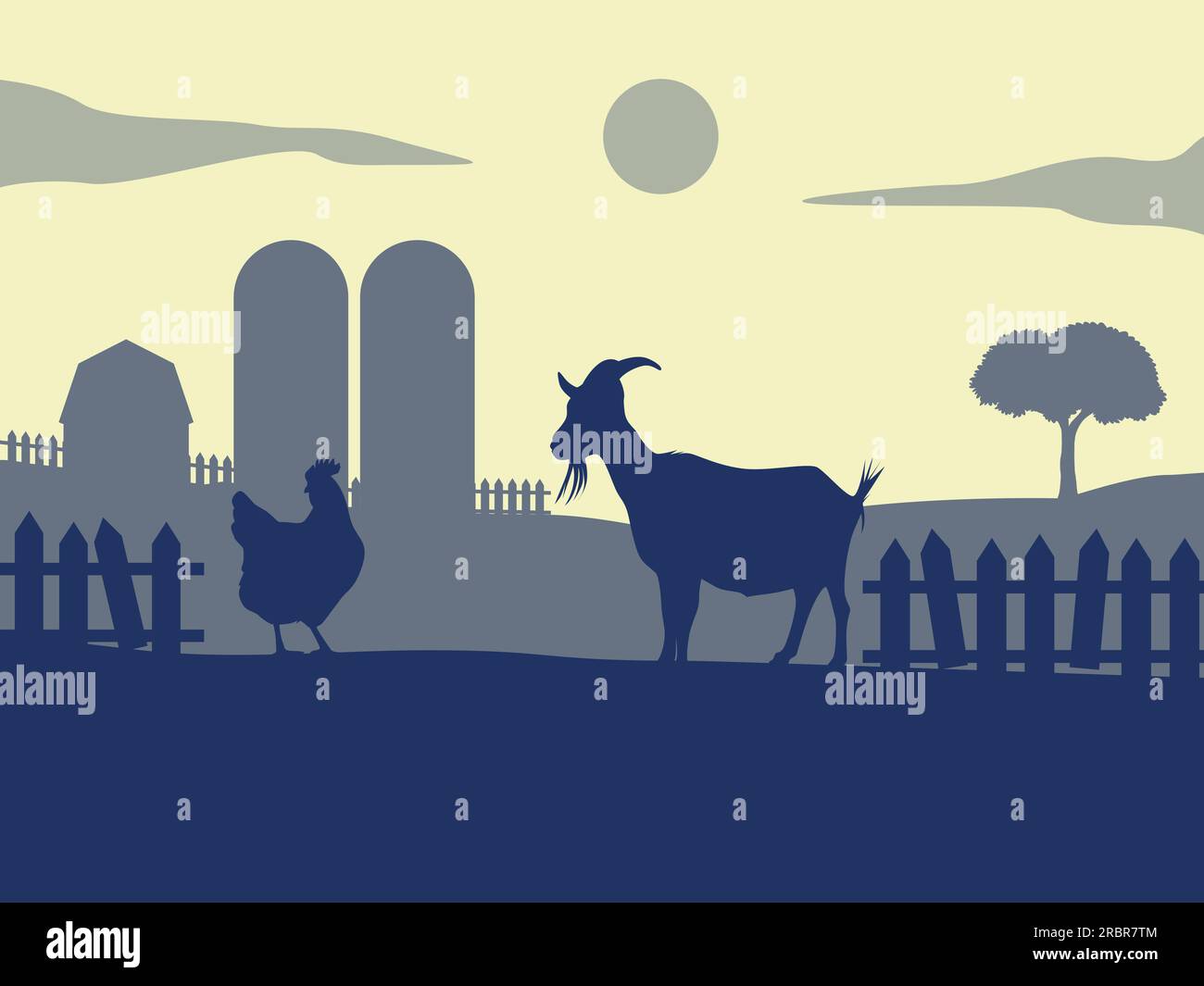 Flat Illustration of Chicken and Goat in Farm Live. Silhouette Vector ...