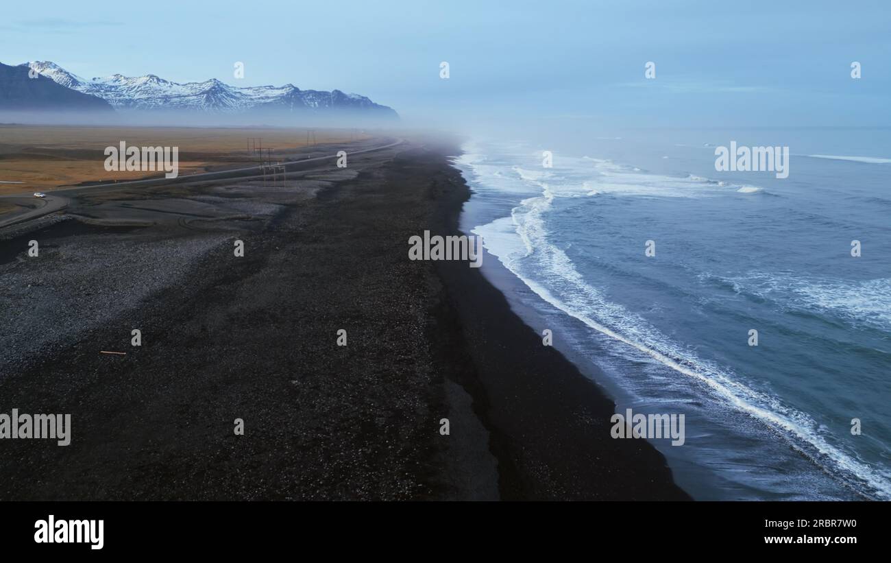Icelandic black sand beach drone shot, beautiful coastline with waves ...