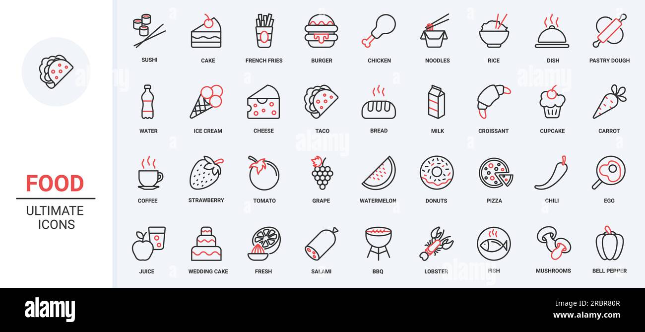 Food and drink red black thin line icons set vector illustration. Meal ...