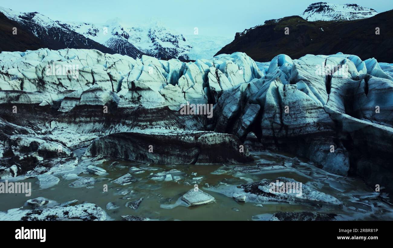 Aerial view of blue glacier rocks on vatnajokull ice cap in iceland ...