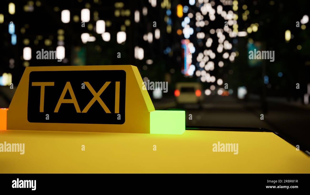 Modern taxi sign on vehicle driving around city with office buildings ...