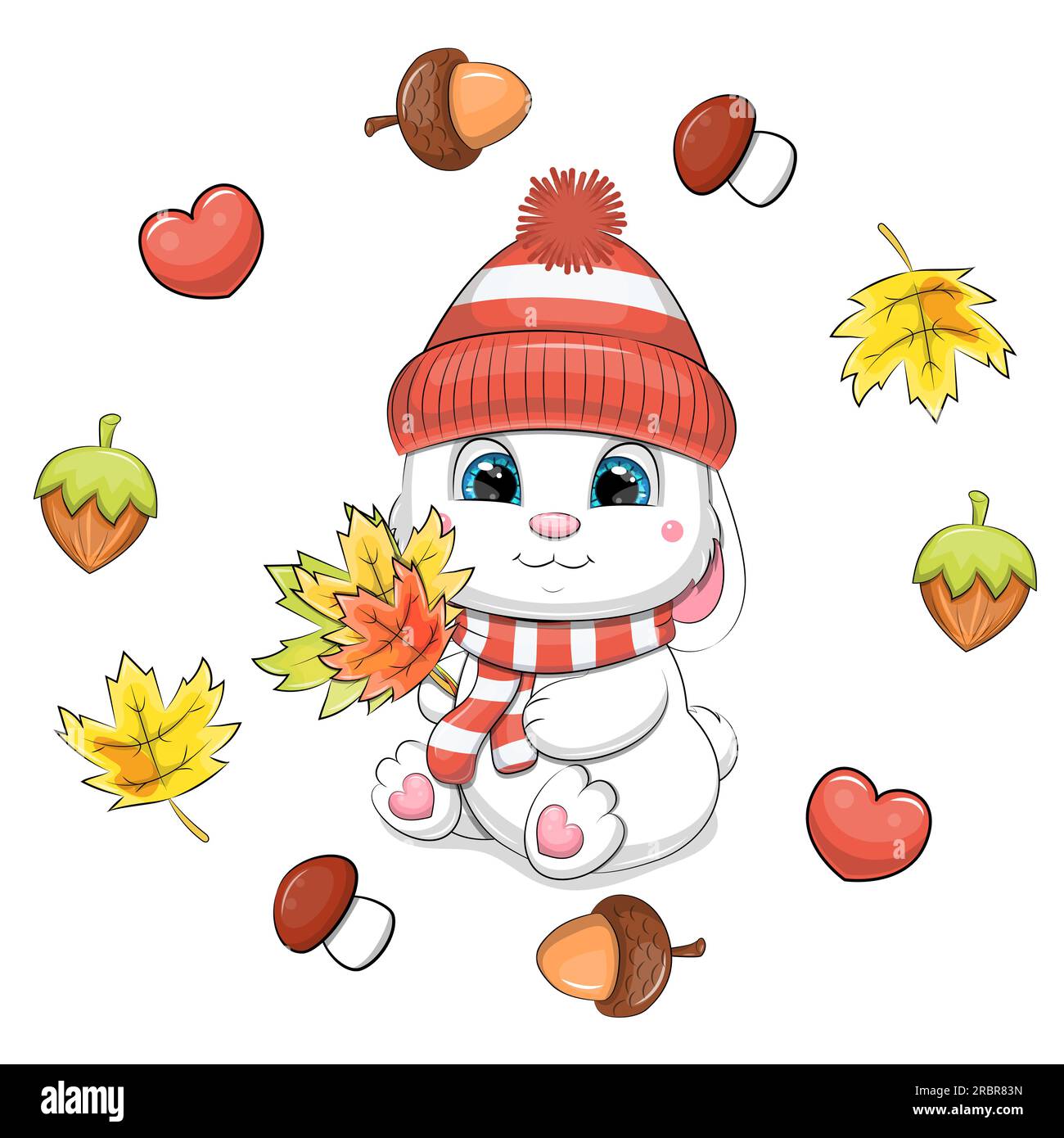 Cute cartoon white rabbit with red scarf, hat and fallen leaves in an ...