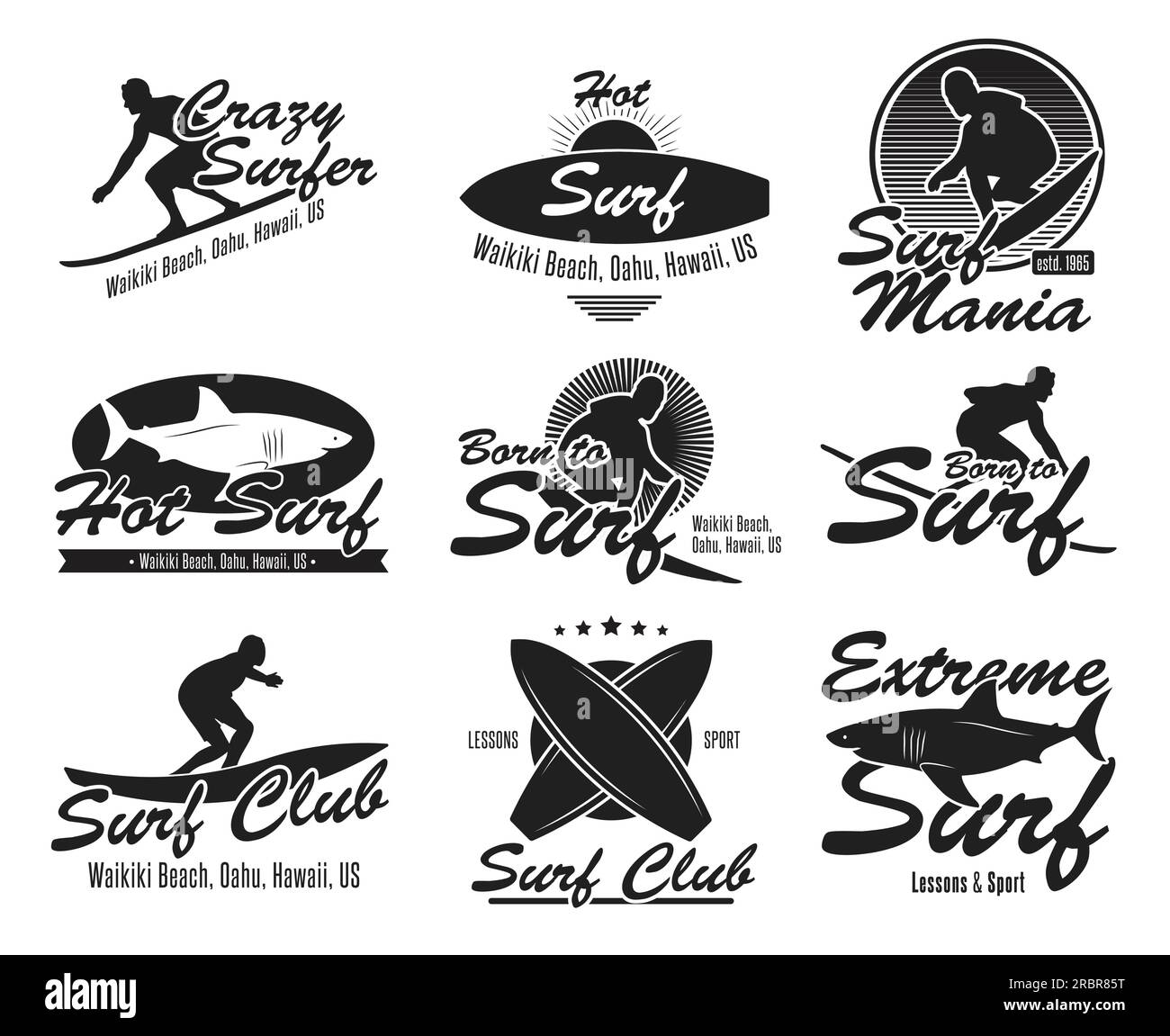 Different surfing club flat emblems set Stock Vector Image & Art - Alamy
