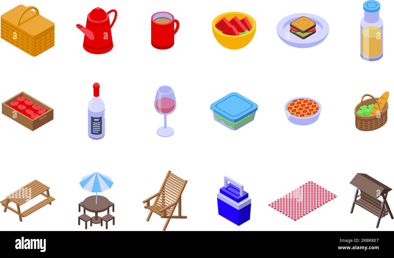 Picnic in the backyard icons set isometric vector. Food grill. Summer ...