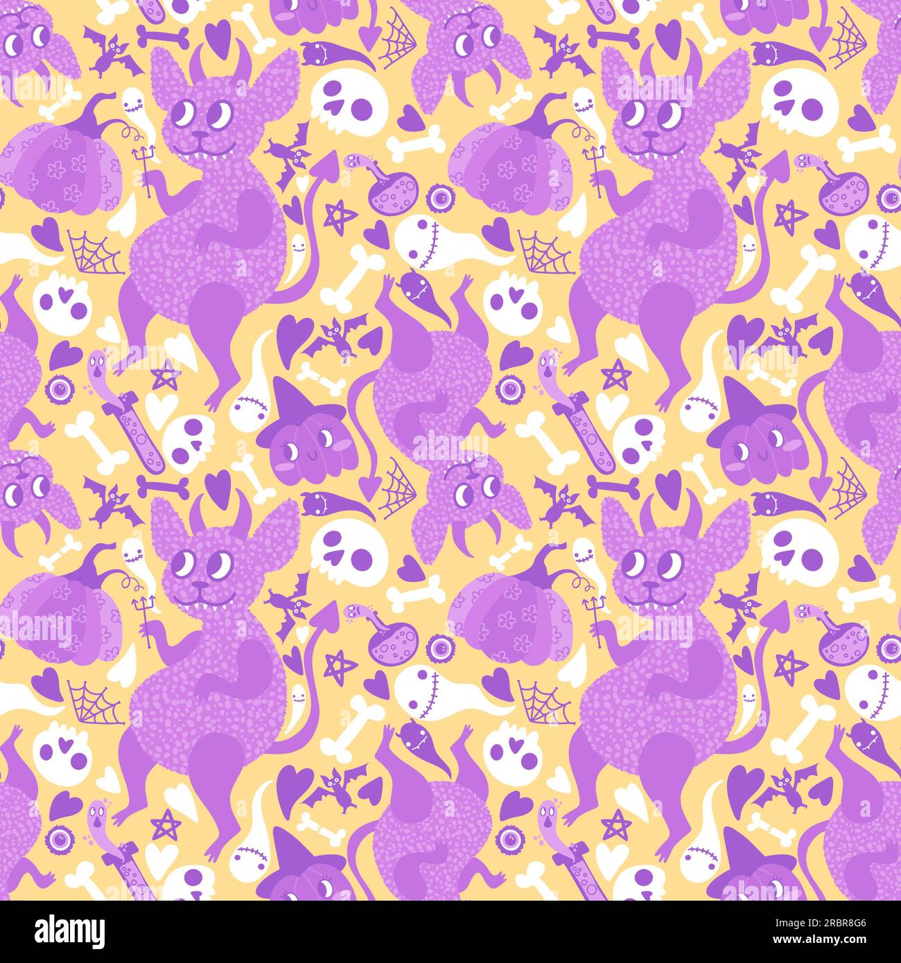 Cartoon Halloween monsters seamless devils and pumpkins and ghost animals skulls pattern for ...