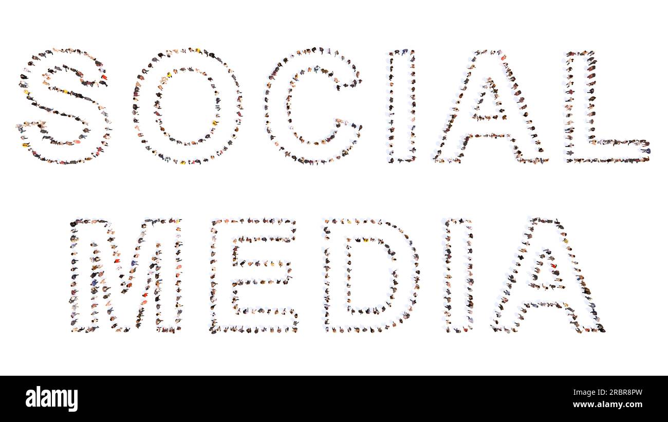 Conceptual large community of people forming SOCIAL MEDIA word. 3d ...