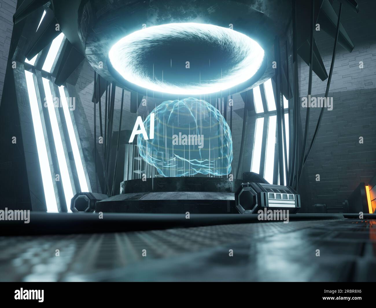 AI neural network brain, cloud computing and coding process processing big data, disruptive ...