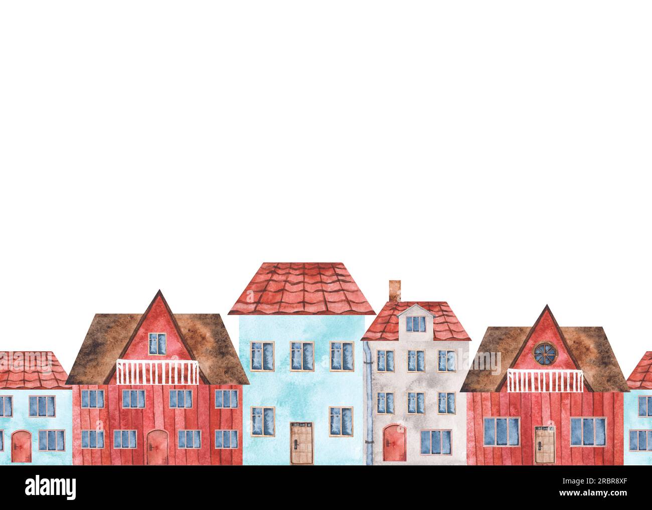 Watercolor seamless border with cute houses on a white background ...